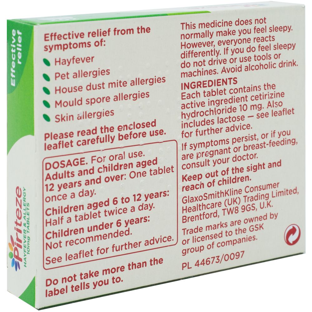 Buy Piriteze Allergy (Cetirizine), 30 Tablets for £10.00
