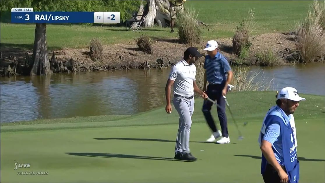 Aaron Rai makes birdie putt on No. 3 at Zurich Classic