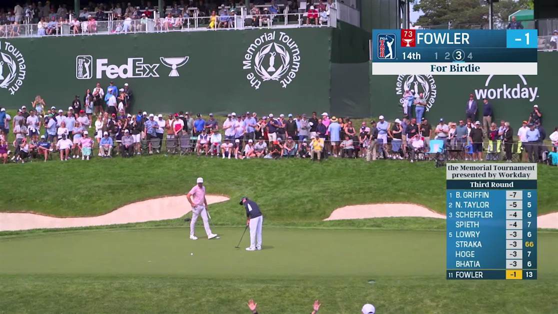 Rickie Fowler rolls in birdie putt at the Memorial