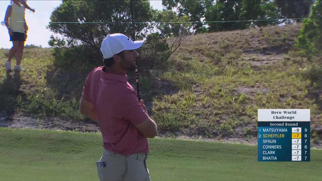 Scottie Scheffler chips in from 26 feet for birdie on No. 9 at Hero ...