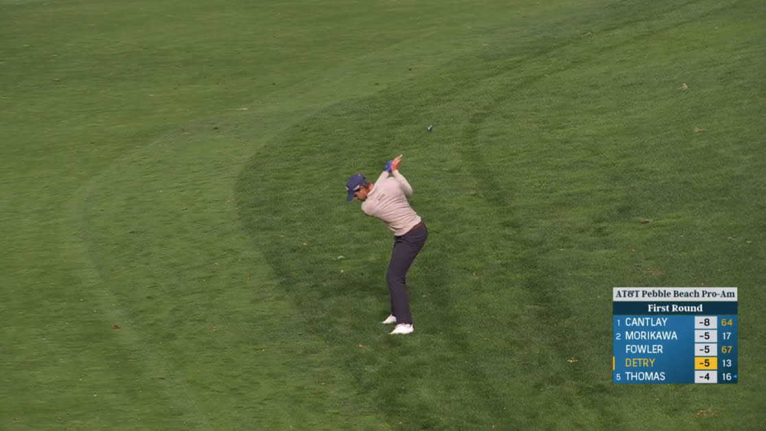 Thomas Detry throws a dart from fairway rough at AT&T Pebble Beach