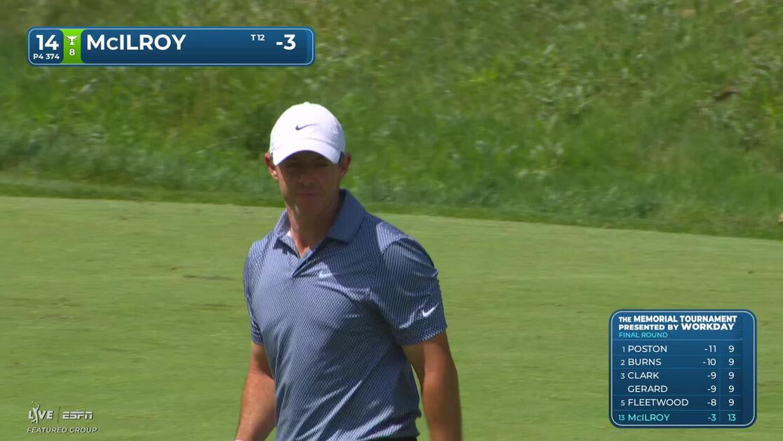 Rory McIlroy gets up-and-down from 116 yards for birdie on No. 14 at ...
