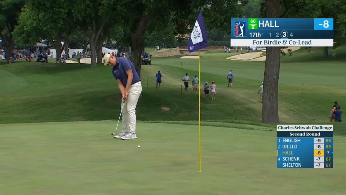 Harry Hall sends in uphill putt for birdie at Charles Schwab