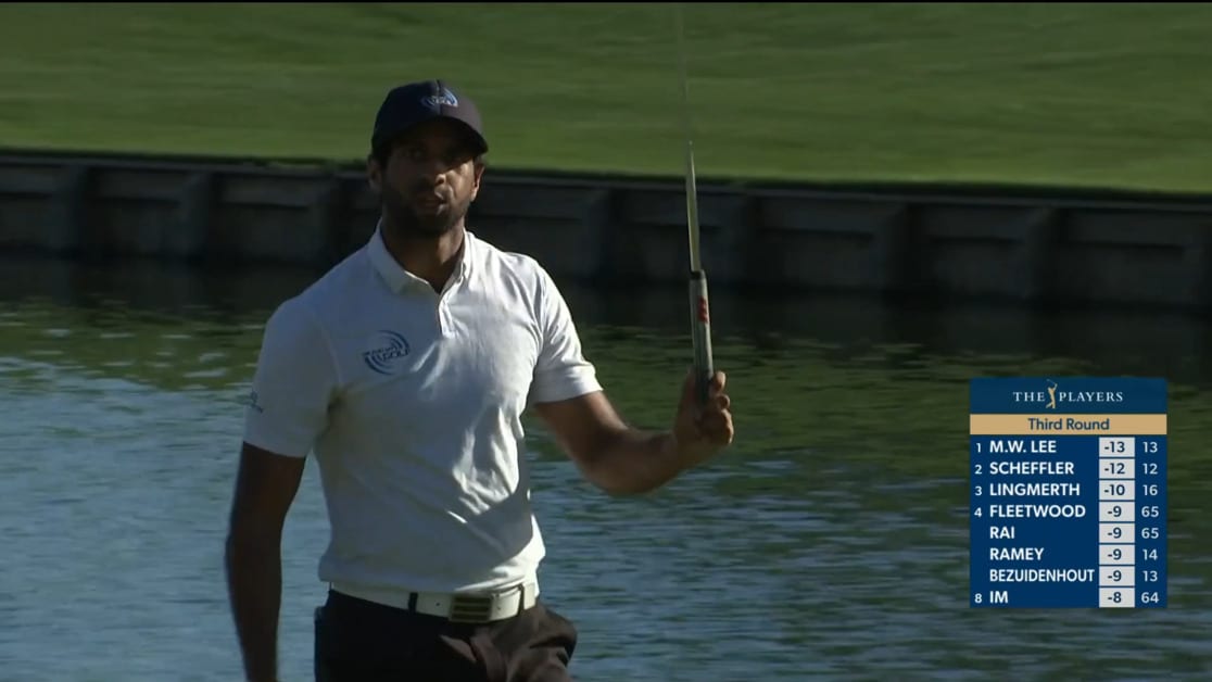 Aaron Rai birdies No. 18 for a strong finish of his round at THE PLAYERS