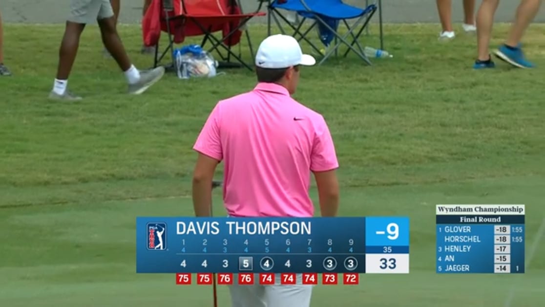 Davis Thompson holes a 20-foot birdie putt at Wyndham