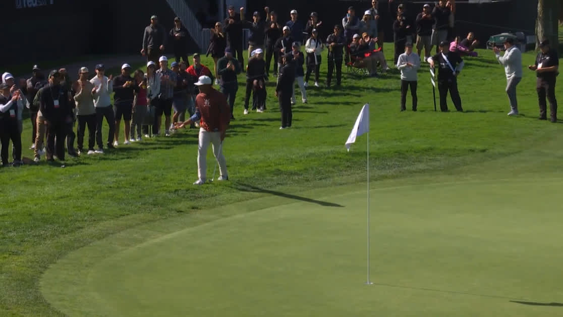 Tony Finau chips in from the rough for birdie at The Genesis