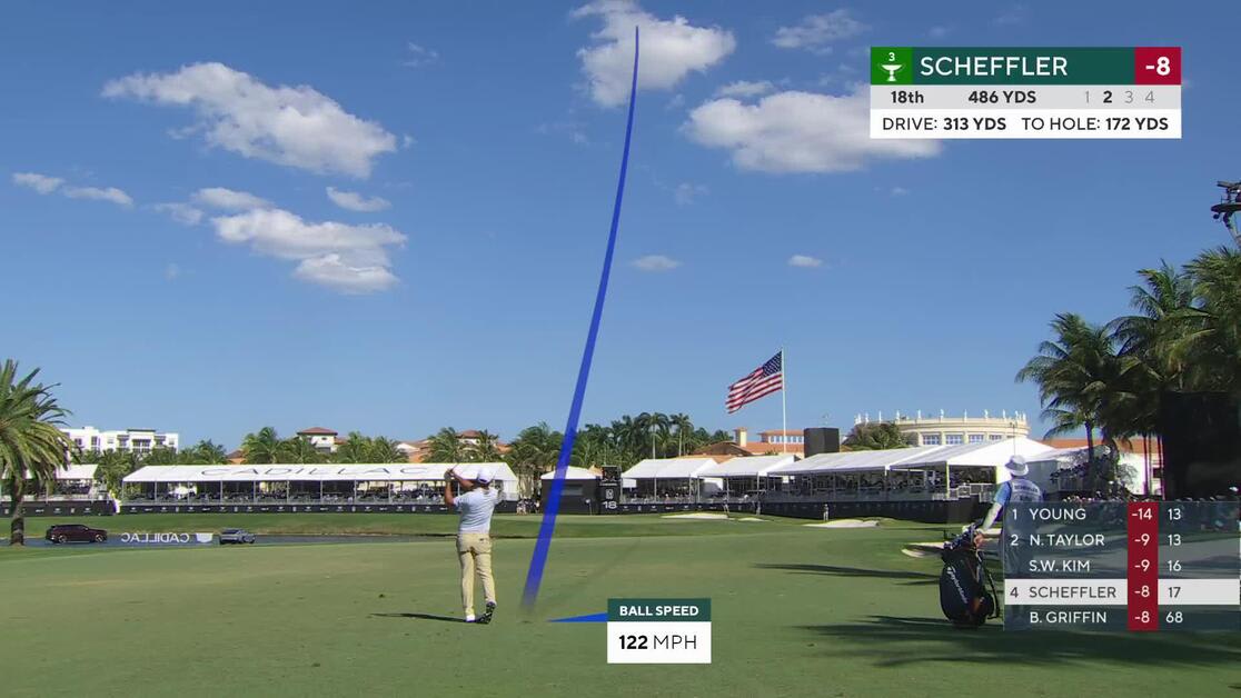 Scottie Scheffler flags pin on No. 18, the 'Blue Monster' at Cadillac