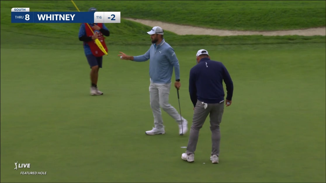 Tom Whitney sends tee shot 5 feet from the hole at Farmers