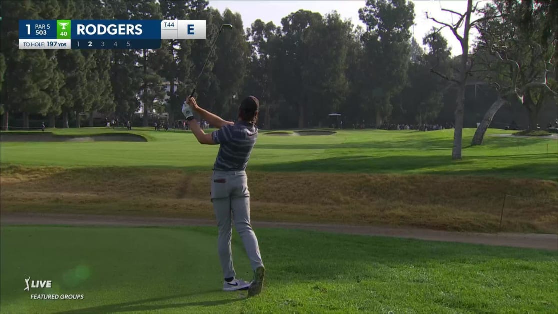 Patrick Rodgers' approach shot scares the hole on No. 1 at Genesis