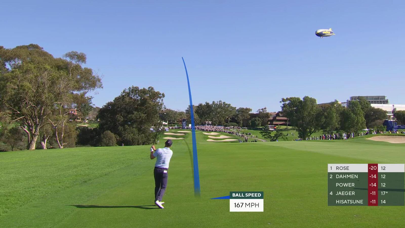 Justin Rose chips in from 40 yards for birdie on No. 13 at Farmers