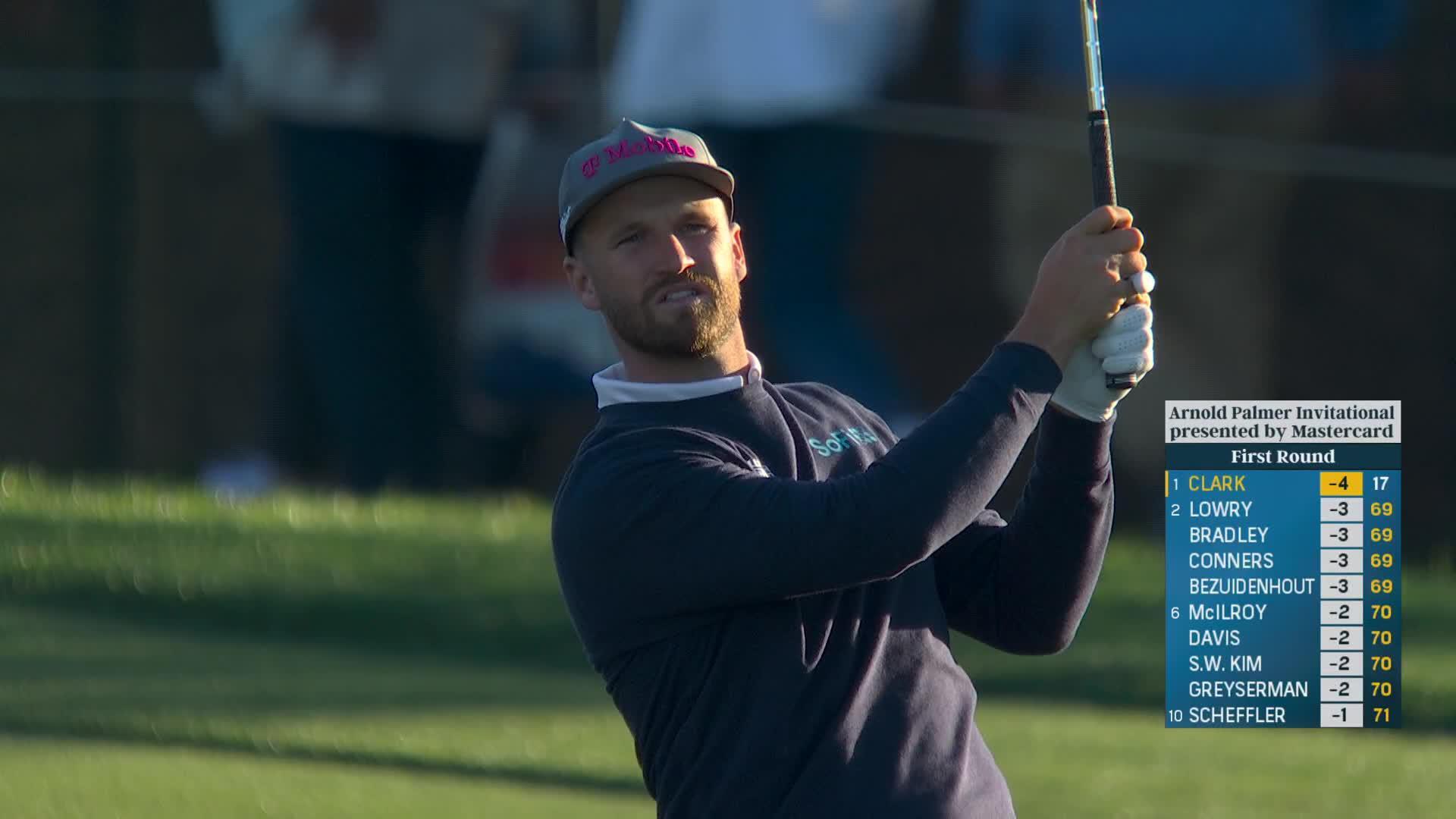 Wyndham Clark throws a dart to close Thursday with birdie at Arnold Palmer
