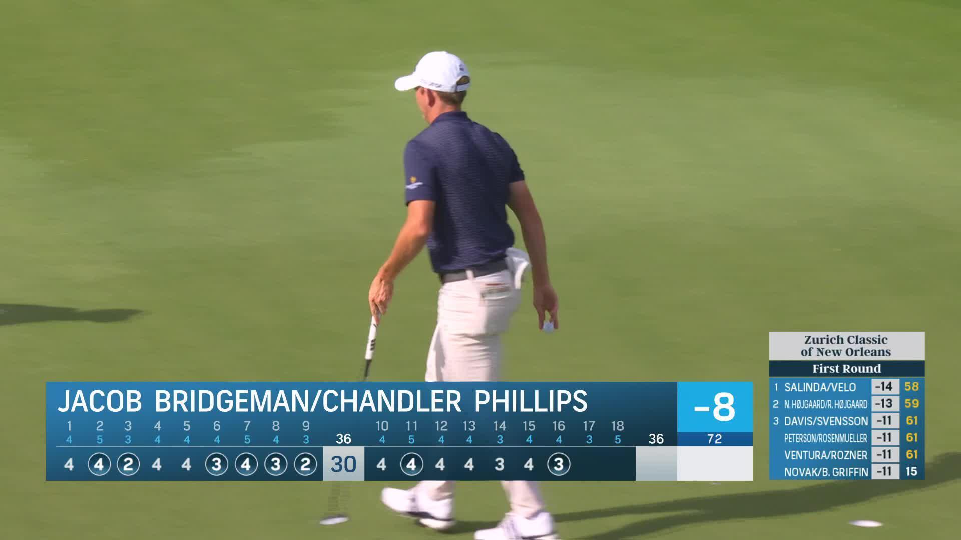 Jacob Bridgeman sinks a 26-foot birdie putt on No. 16 at Zurich Classic