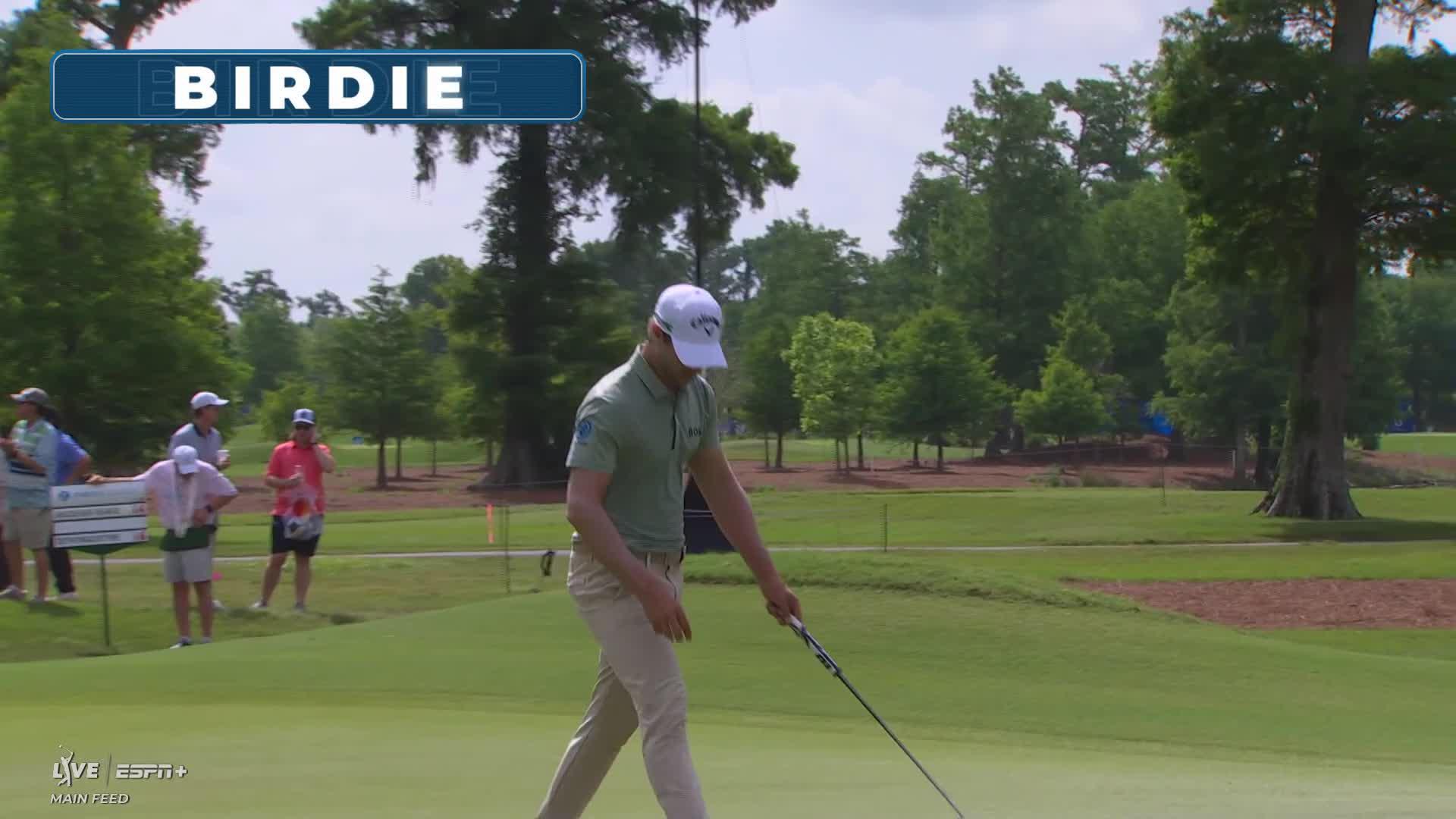 Team Robert MacIntyre/Thomas Detry rolls in birdie putt at Zurich Classic
