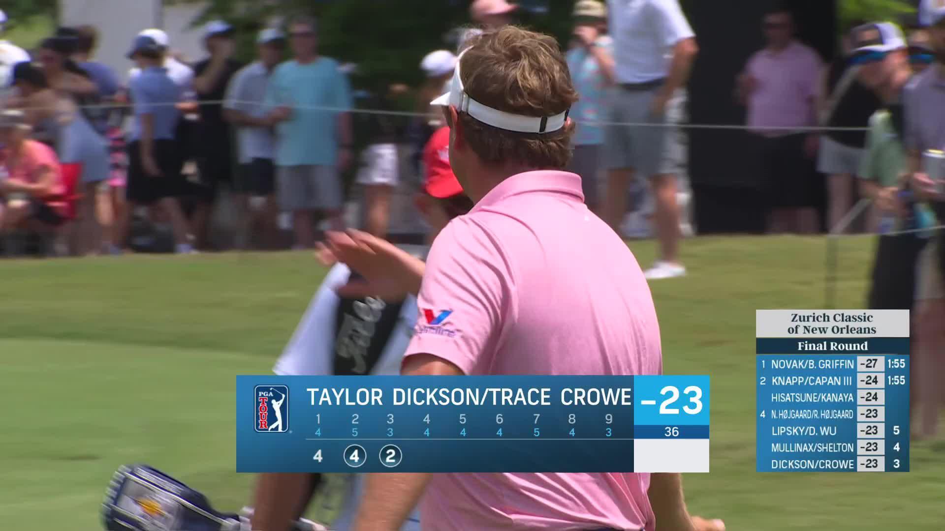 Team Trace Crowe/Taylor Dickson chips in for birdie from 80 feet at Zurich Classic