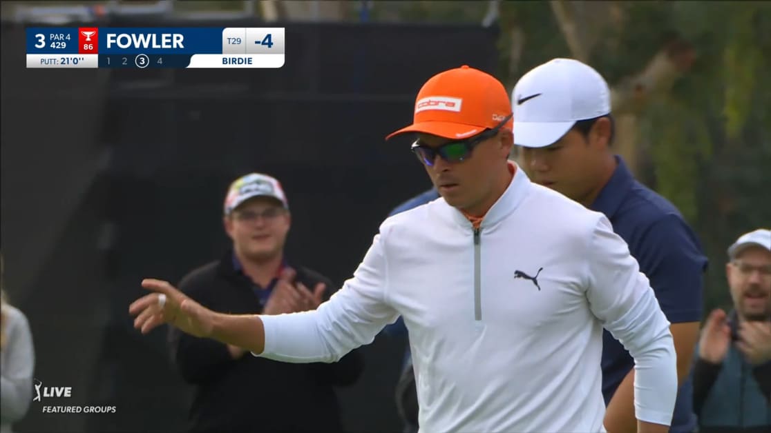 Rickie Fowler sinks a 21-foot birdie putt at Genesis