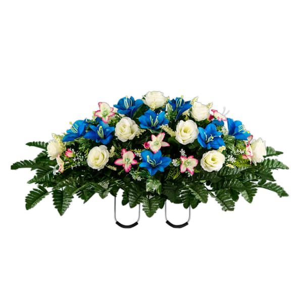 White Rose and Blue Alstroemeria (Silk Cemetery Flowers)