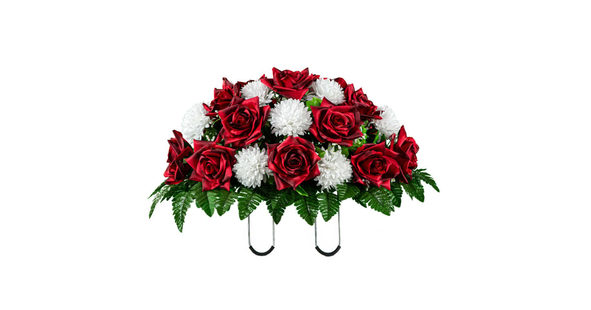 Two Tone Dark Red Rose with White Mum (Silk Cemetery Flowers)