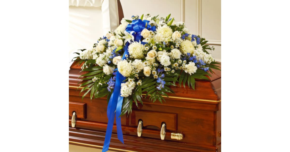 Blue & White Mixed Half Casket Cover - Casket Flowers | The Sympathy Store