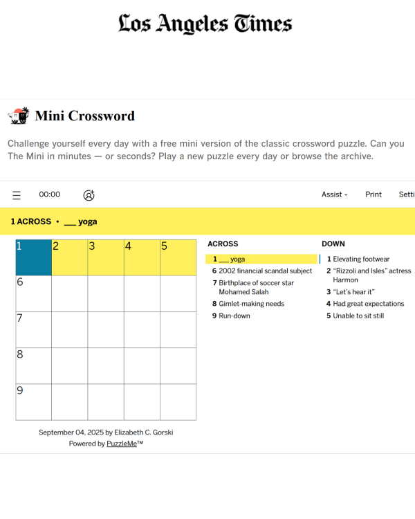 Mini Crossword (L.A. Times): Play the Daily Word Game | Playlin
