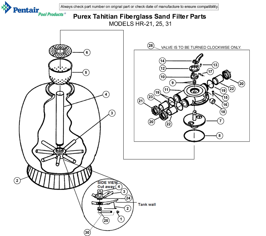 Pentair Purex Tahitian Fiberglass Sand Filter Model HR-21, 25 & 31 Parts
