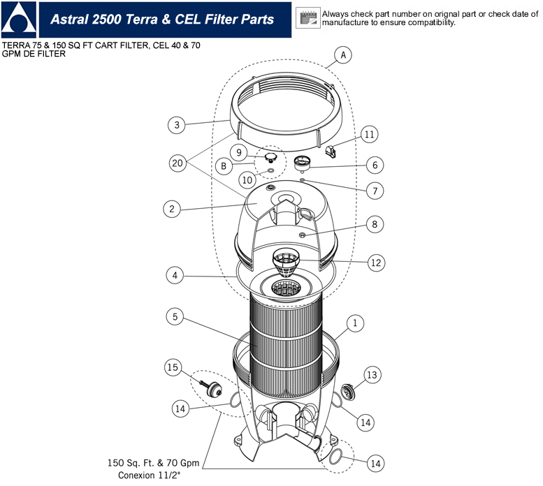 Astral 2500 Terra & CEL Filter Parts Terra 75 & 150, CEL 40 & 70 GPM DE ...