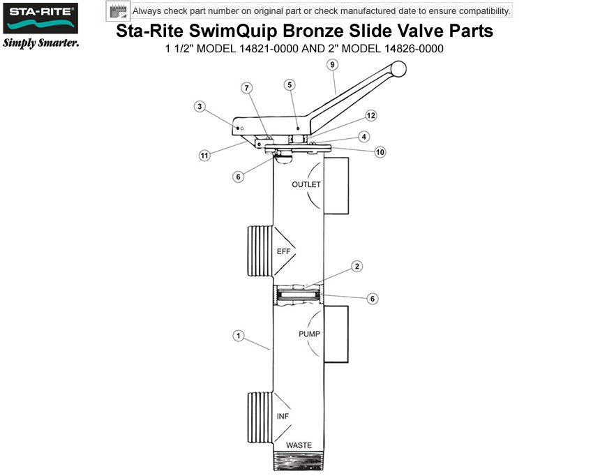Sta-Rite 1-1/2" & 2" SwimQuip Bronze Slide Valve Parts