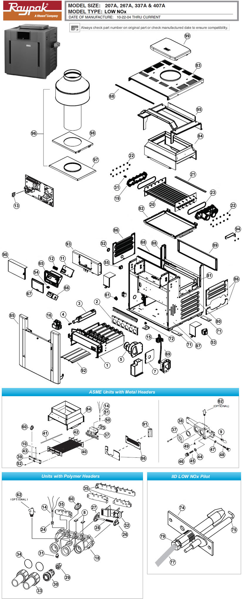 Raypak 207A, 267A, 337A & 407A Digital LOW NOx Heater Parts (Mfg: 10-22 ...