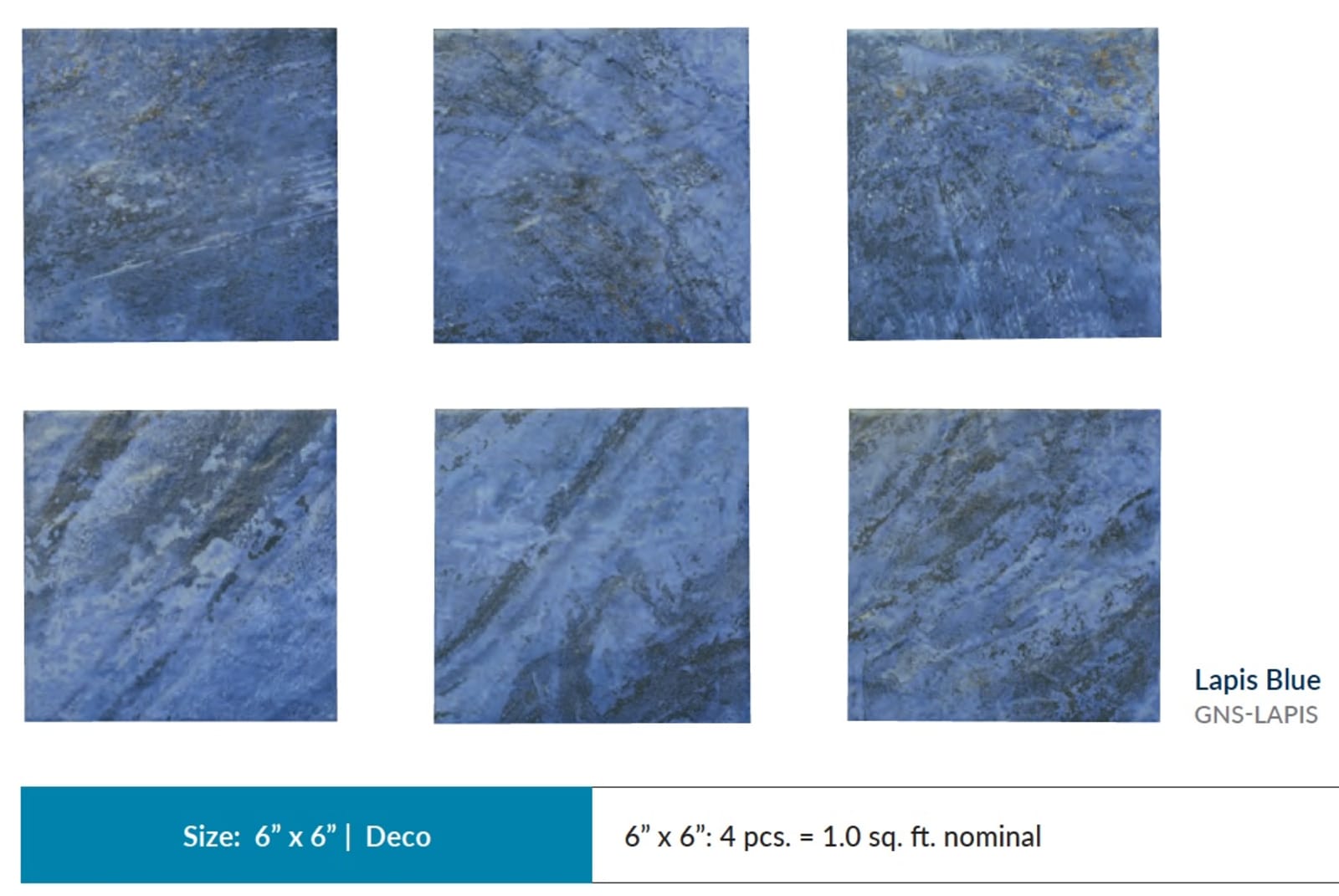 Gneiss Series 6"x 6" Porcelain Pool Tile, Lapis Blue, 1.0 sqft