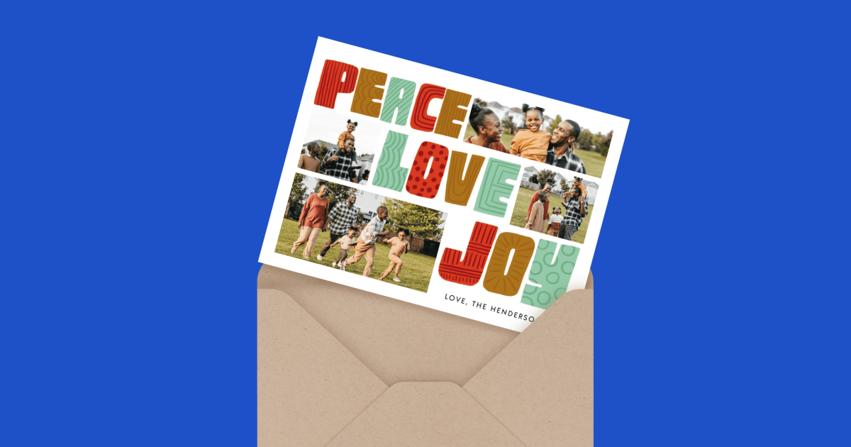 Stacked Peace, Joy, Love Christmas Photo Card | Postable | Postable