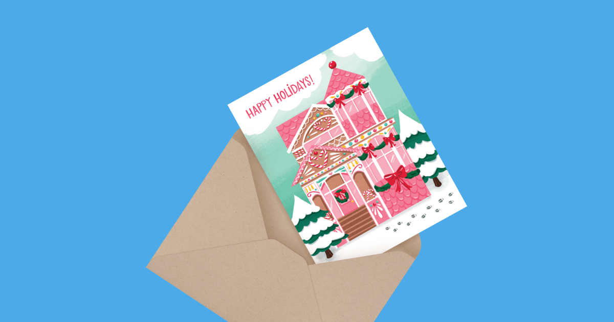 Pink Gingerbread House Folded Christmas Card | Postable | Postable