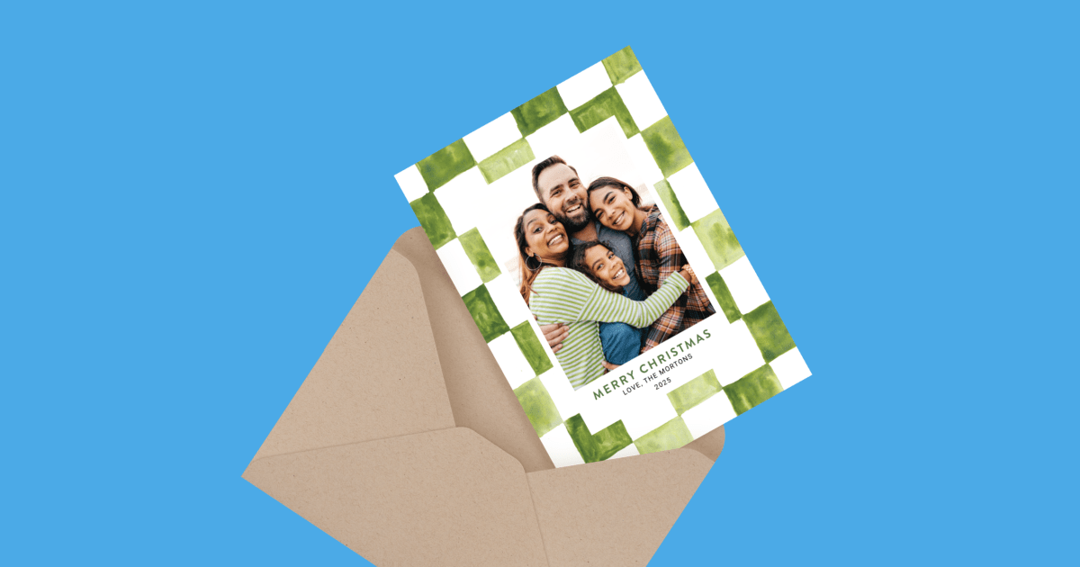 Pine Green Checkerboard Christmas Photo Card | Postable | Postable