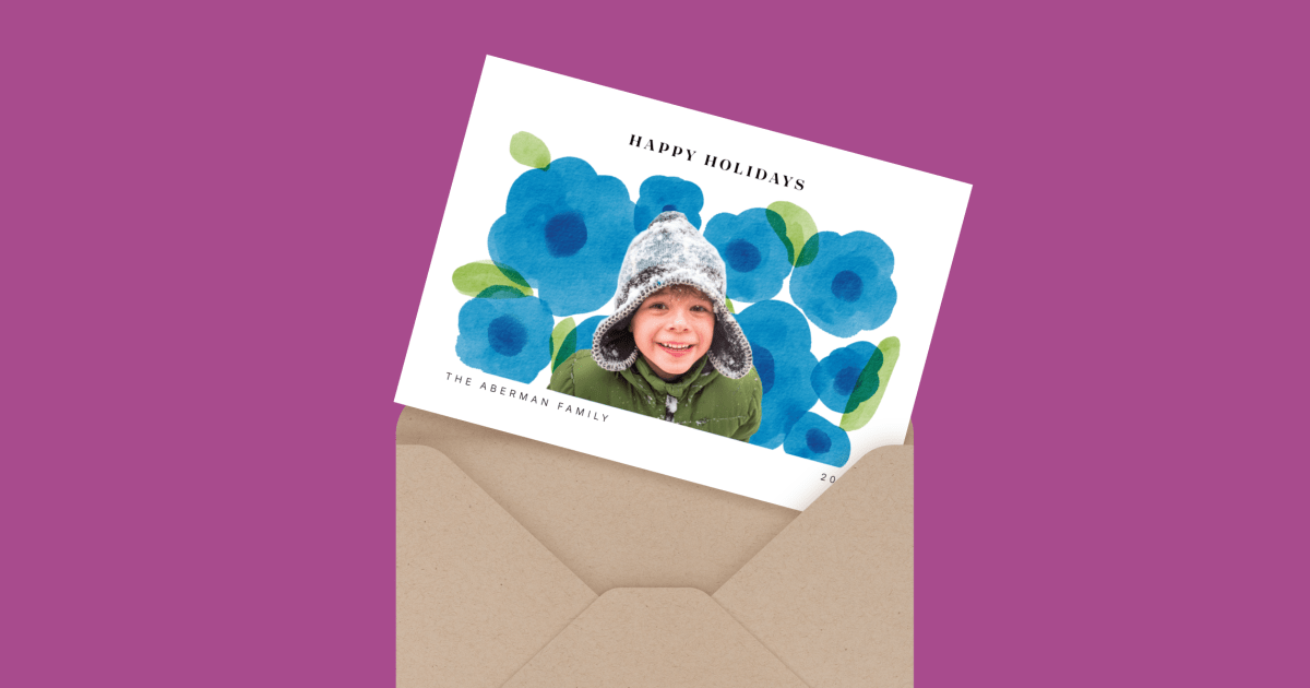 Blue Bold Florals Cutout Holiday Photo Card | Postable | Postable