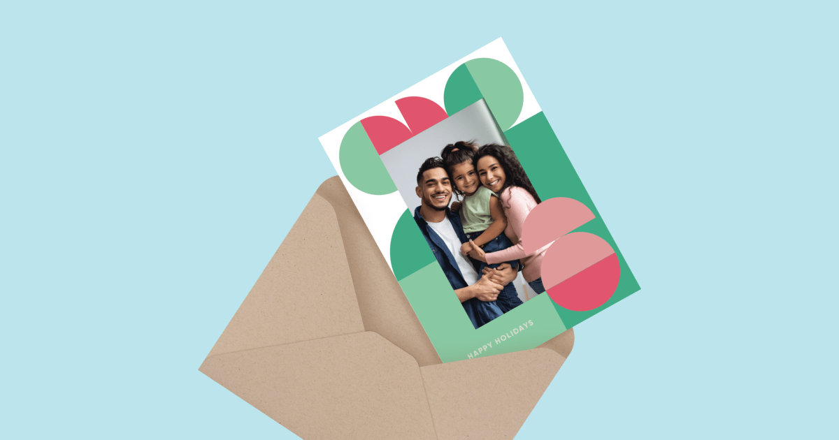 Pink Green Geo Border Holiday Photo Card | Postable | Postable