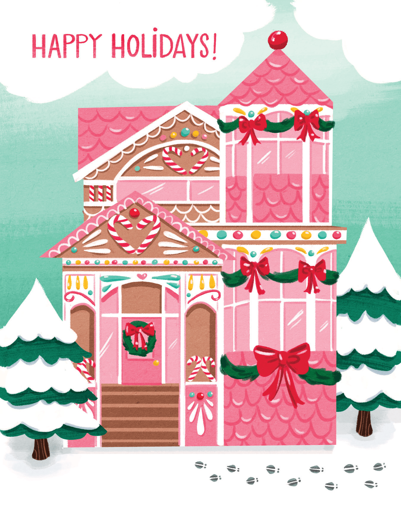 Pink Gingerbread House Folded Christmas Card | Postable | Postable