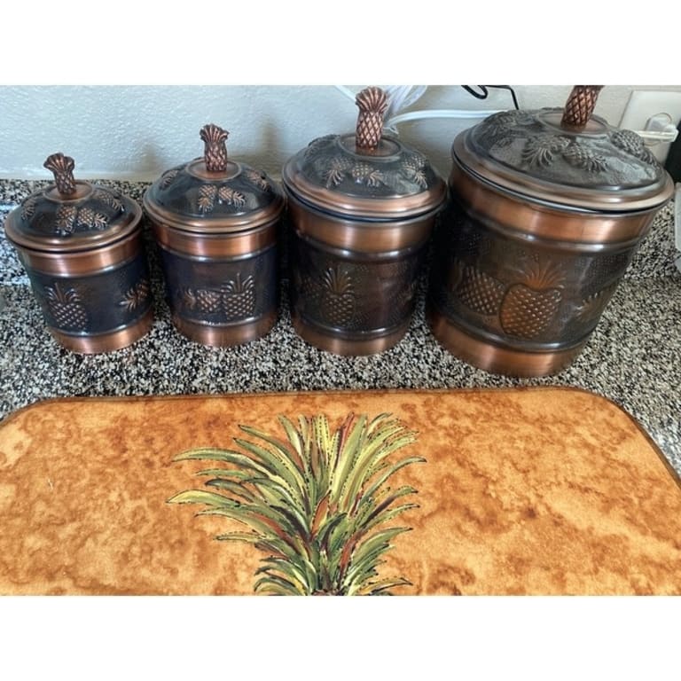 4 Piece Antique Copper "Pineapple" Canister Set, 4 Qt, 2 Qt, 1.5 Qt, 1 ...