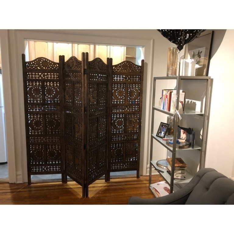 Hand Carved Sun And Moon Design Foldable 4 Panel Wooden Room Divider ...