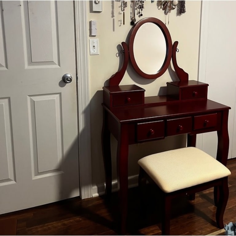 Roundhill Furniture Ashley Wood Cherry Makeup Vanity Table and Stool ...