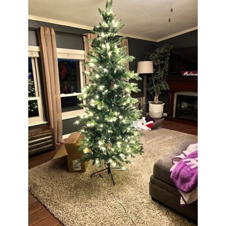 7Ft Pre-Lit LED Artificial Slim Fir Christmas Tree with Metal Stand ...
