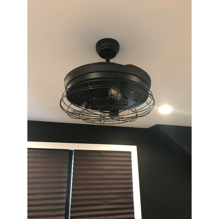 42 inch Caged Ceiling Fan with Retractable Fan Blades, 3 Bulbs, Remote ...