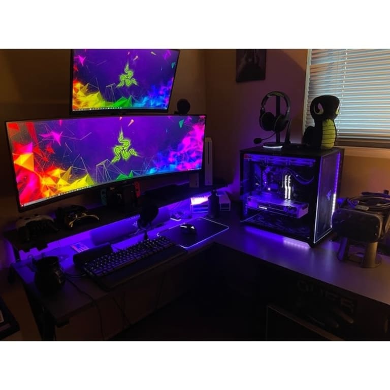 Checkpoint Battlestation L shaped Gaming Desk with RGB LED Lights - Bed ...