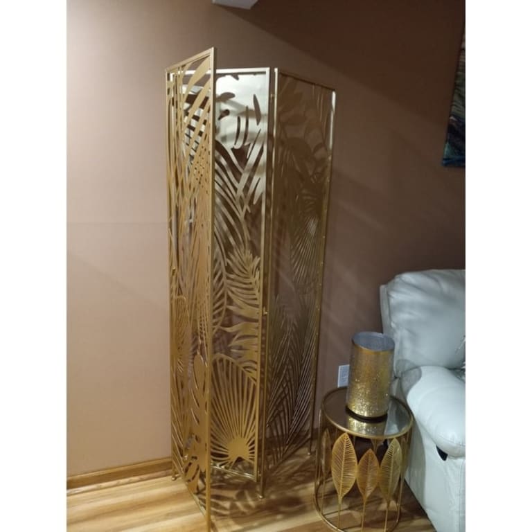 Gold Metal Foldable Partition Cutout Palm Leaf 3 Panel Room Divider ...