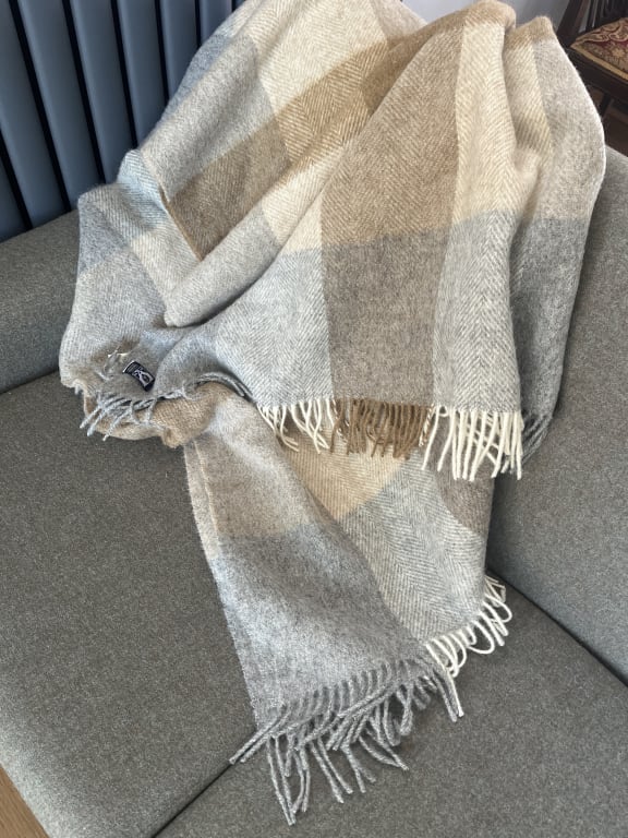 Bronte by Moon British Wool Block Check Throw, Natural