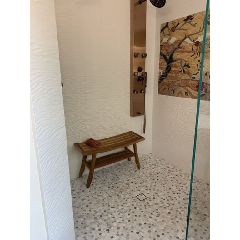 Compact Curvilinear Teak Shower / Outdoor Bench with Shelf in Natural ...