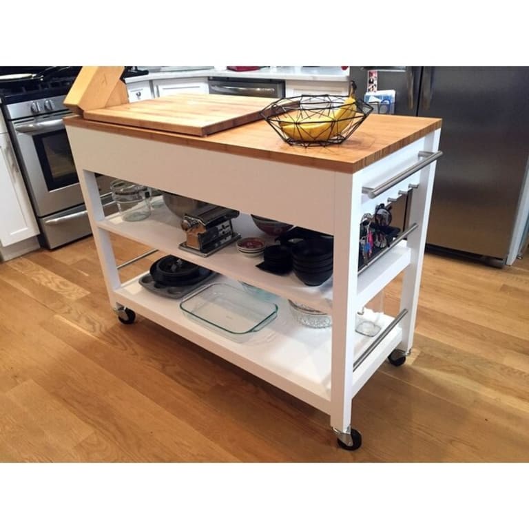 TRINITY Kitchen Island w/ Drawers, White & Bamboo - Bed Bath & Beyond ...