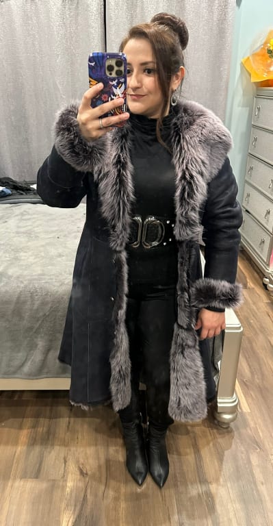 Theodora Hooded Navy Toscana Sheepskin Coat | Overland Theodora Hooded Navy Toscana Sheepskin Coat | Overland