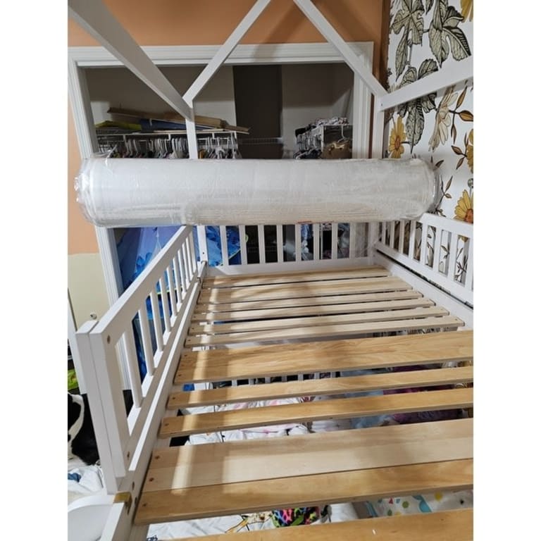White Playhouse Frame Full Over Full Perpendicular Bunk Bed with Slide ...