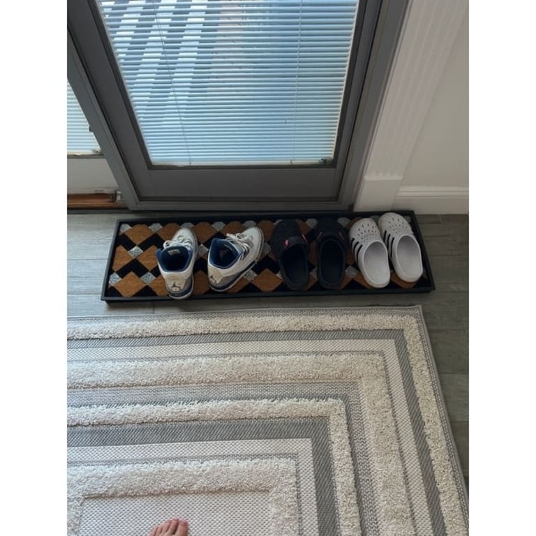 Jani Natural & Recycled Rubber Boot Tray with Tan & Black Chevron Coir ...