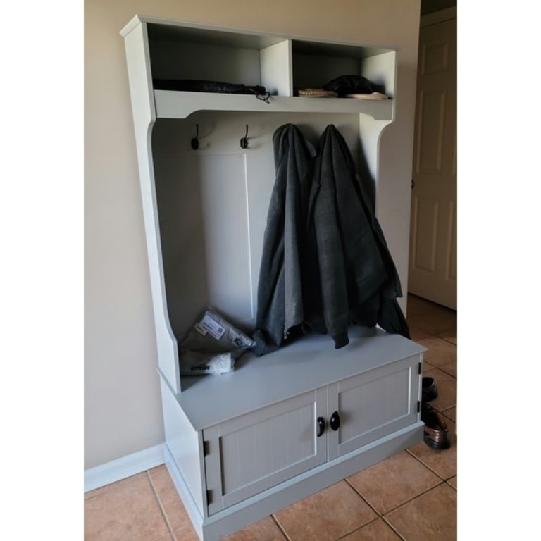 Hall Tree with Storage Bench, Upper Cubbies and 4 Double Coat Hooks ...