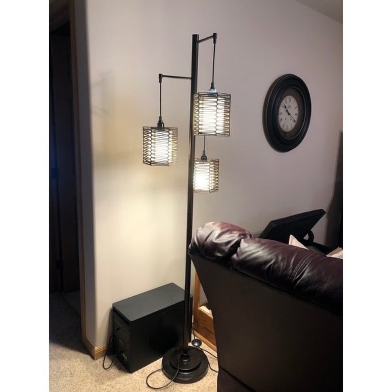 StyleCraft Contemporary Bronze Floor Lamp - Brown Rattan Hardback ...