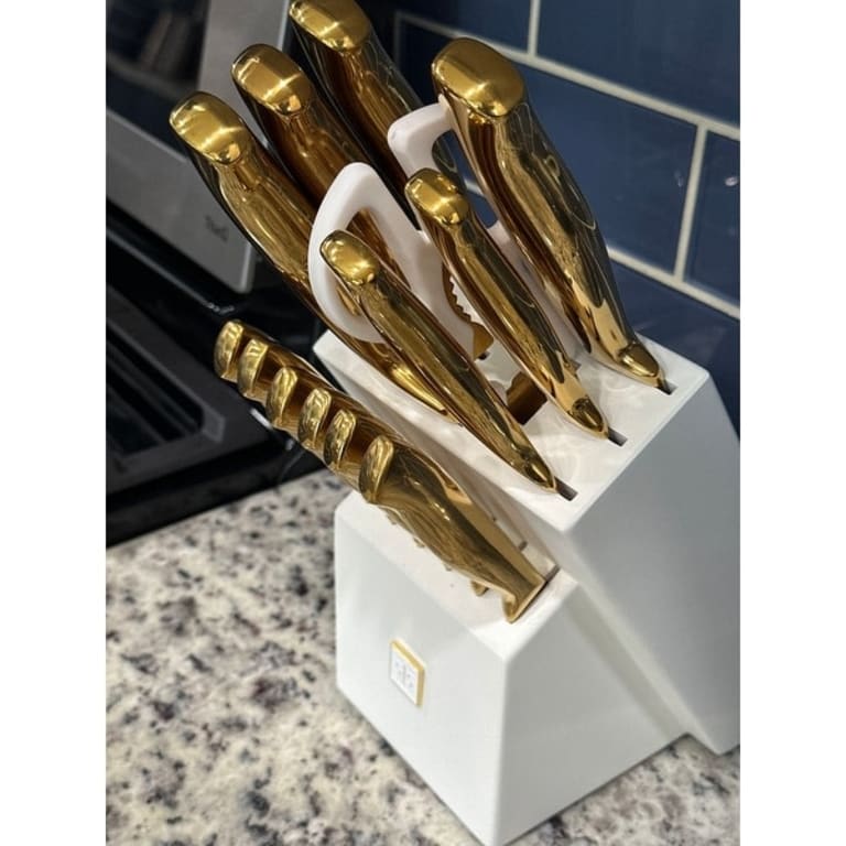 White and Gold Knife Set with Sharpener - 14PC Self Sharpening Knife ...